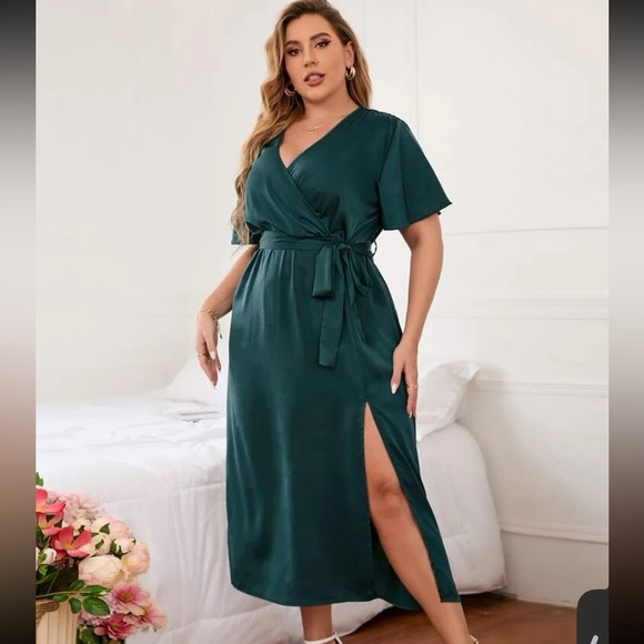 Dresses | Shein Curve Surplice Neck Belted Split Thigh Dress Green 1xl | Poshmark